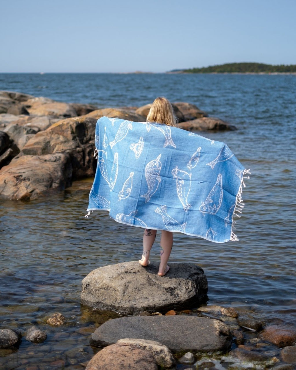 Hamam-pyyhe Hylje Sininen-Valkoinen, 100% puuvillaa – Saaren Taika Shop